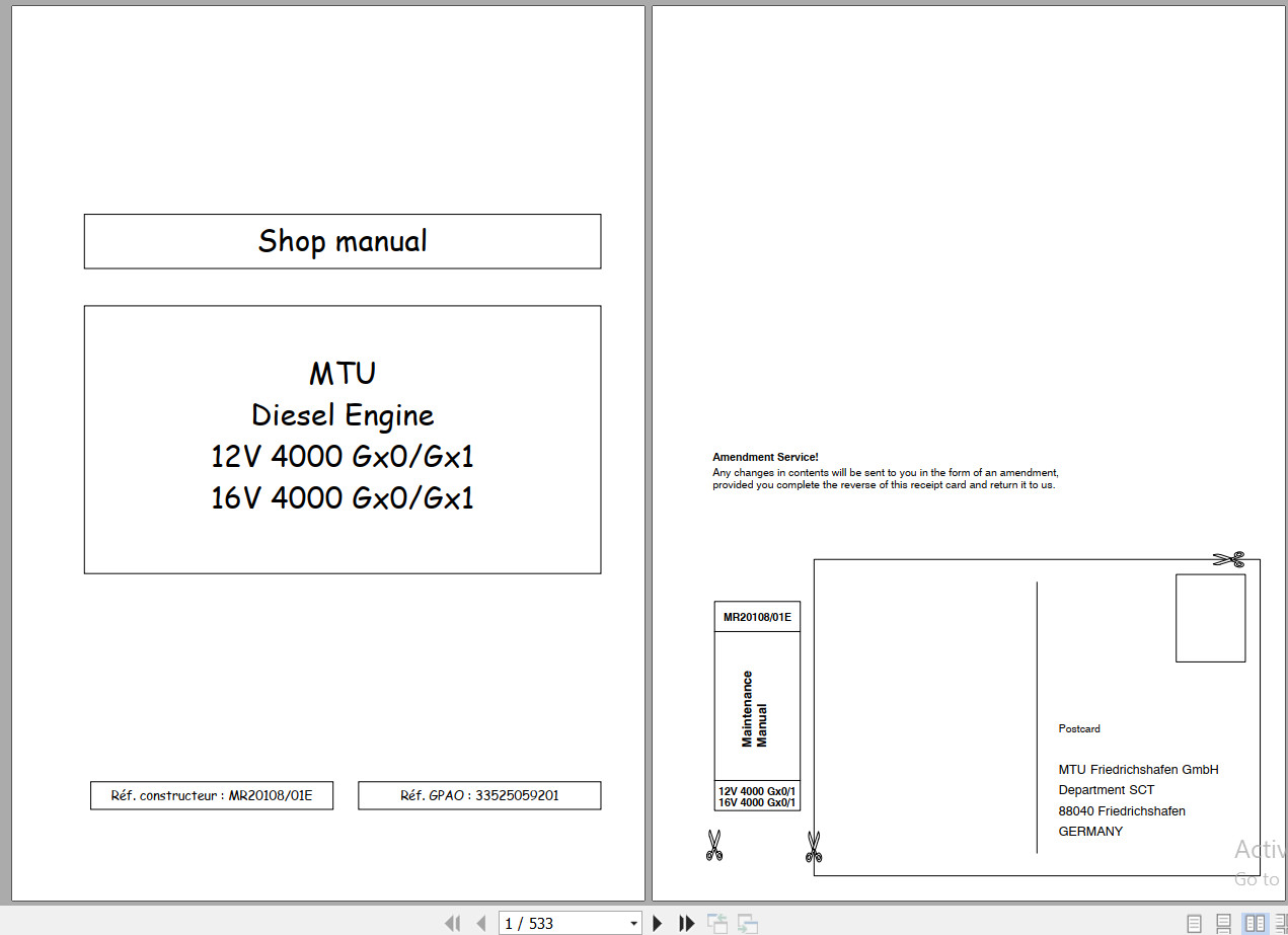 MTU Engine 12v4000 16v4000 Shop Manual MR20108/01E
