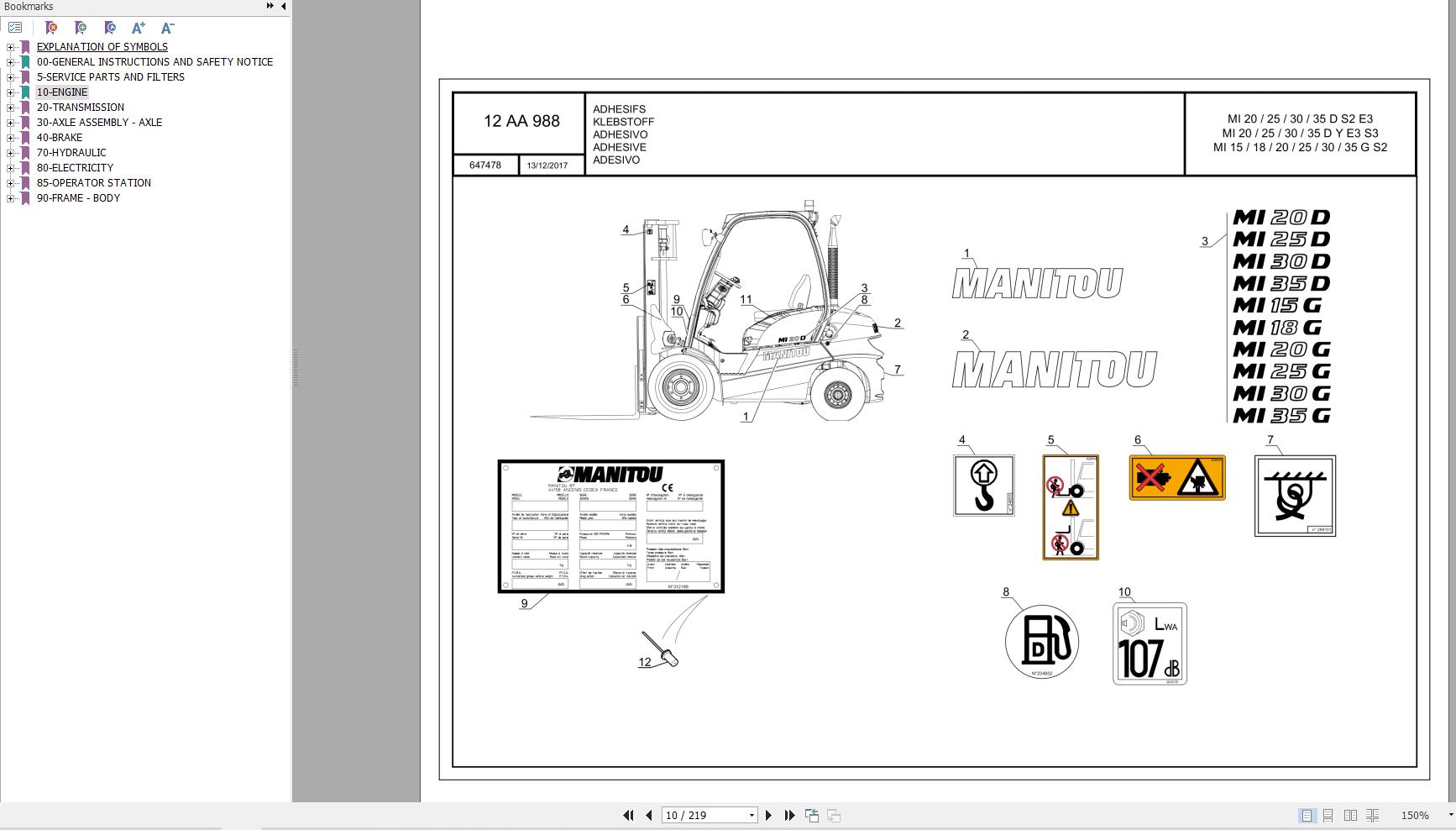 Manitou Forklift MI 20 D Y E3 S3 Parts Manual 647478