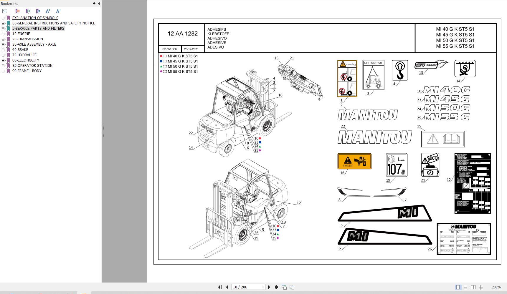 Manitou Forklift MI 50 G K ST5 S1 Parts Manual 52761366