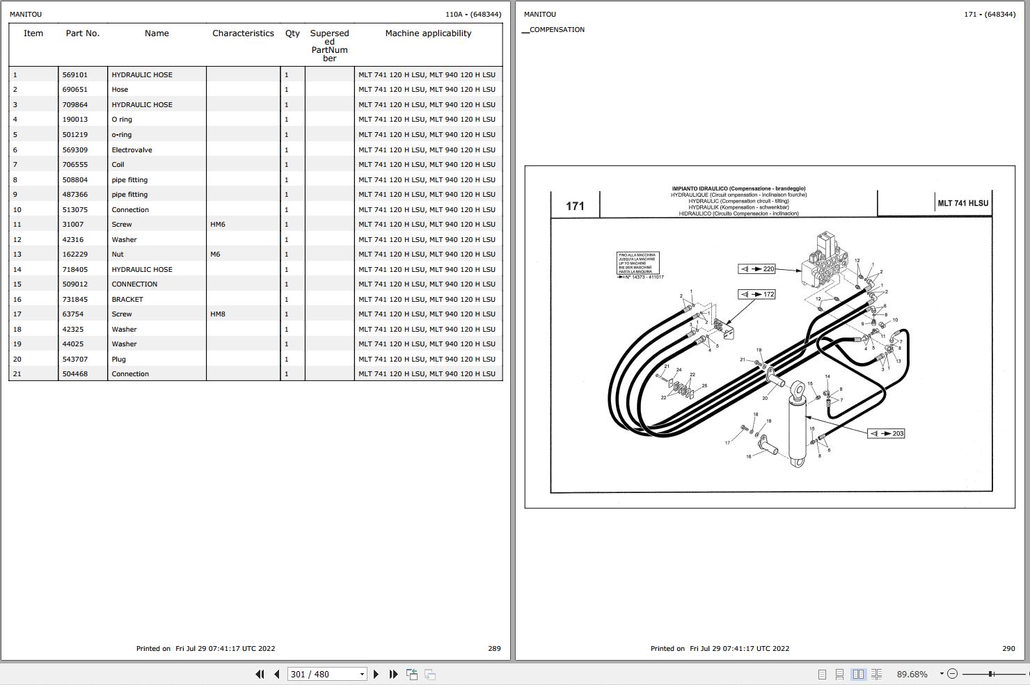 Manitou Forklift MLT 741 120 H LSU MLT 940 120 H LSU Parts Manual 648344