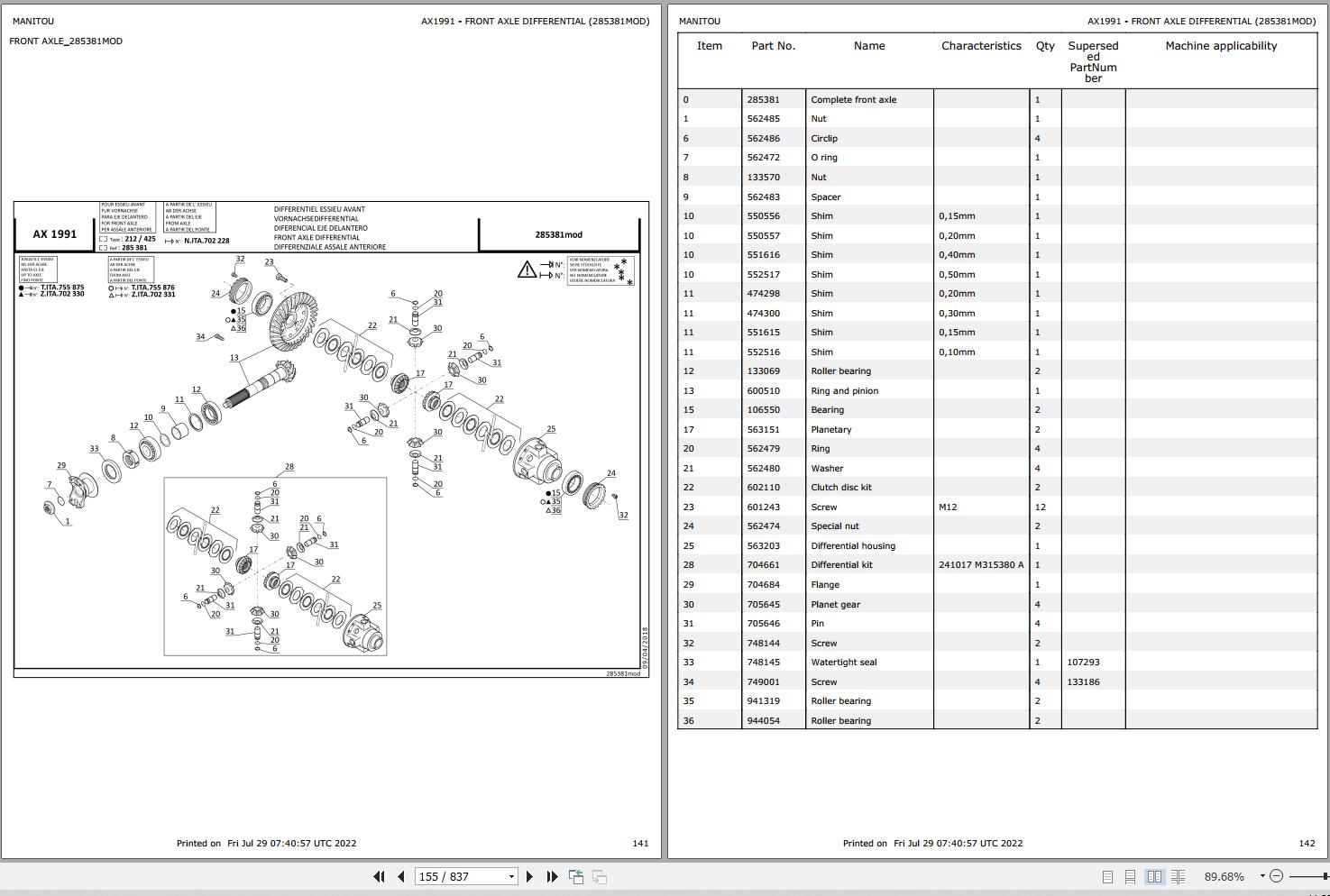 Manitou MT733 MT933 MT1033 EASY 75D ST5 S1 Parts Manual 647776 12AA1044