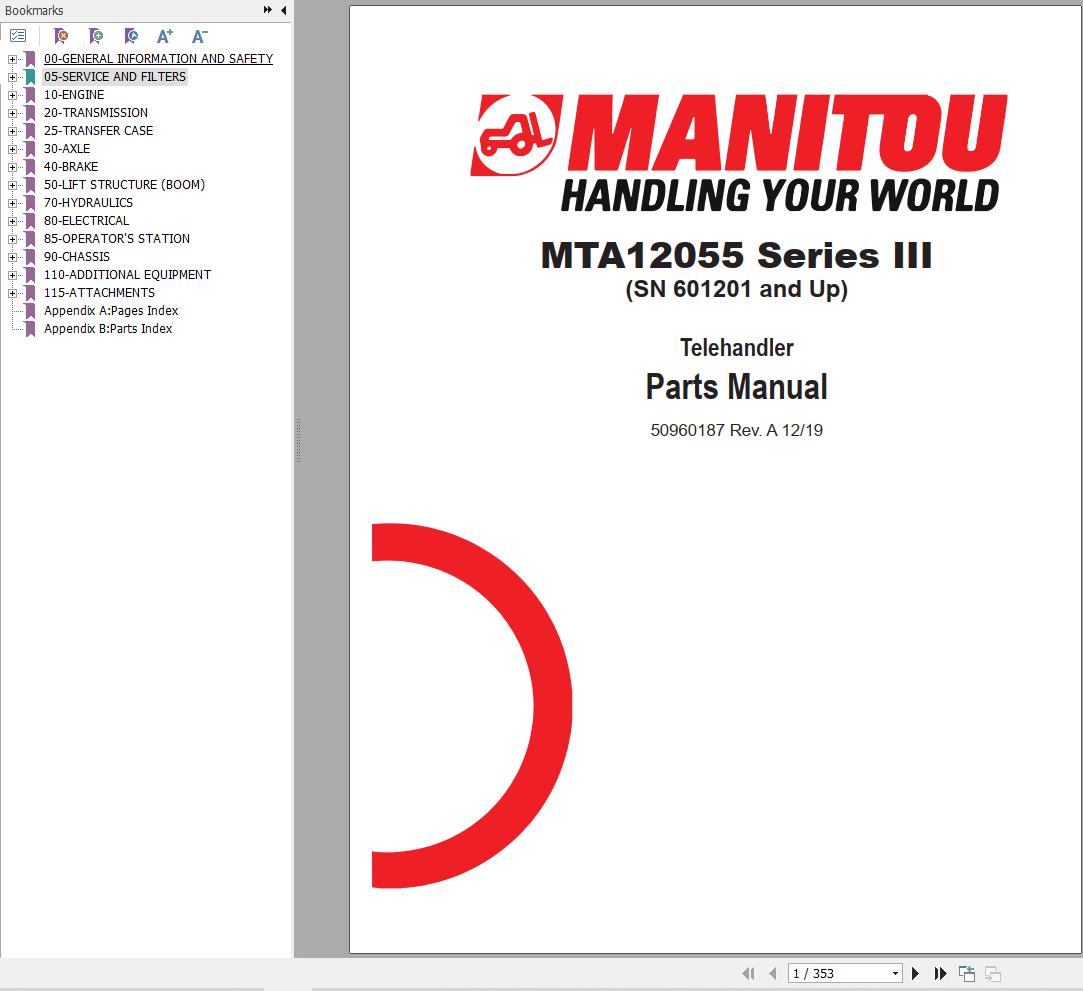 Manitou Telehandler MTA 12055 Series III Parts Manual 50960187A