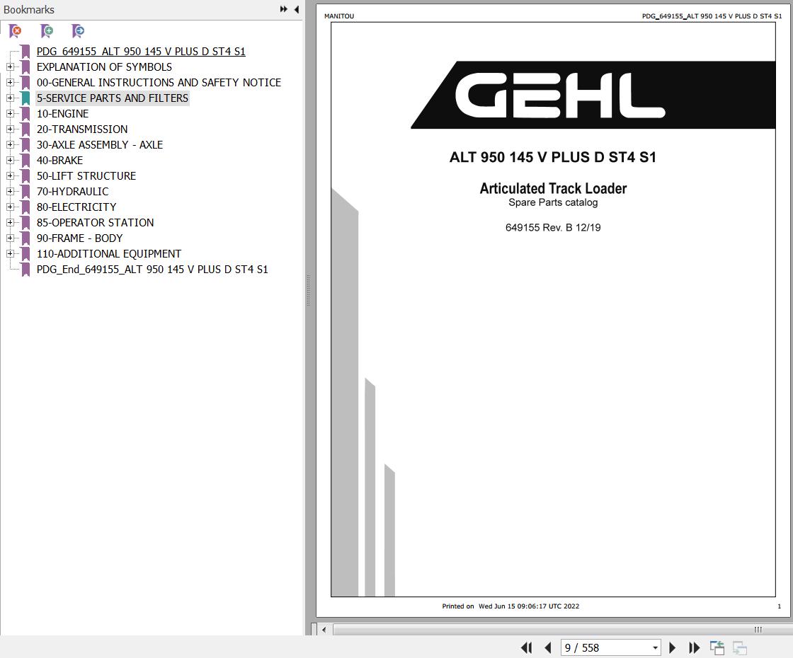 Gehl Telehandler ALT 950 145 V PLUS D ST4 S1 Parts Catalog 649155