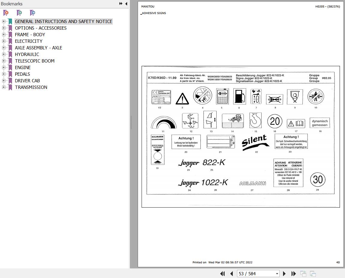 Manitou AL65 AL75 AL95 AL95I JOGGER 722-K 822-K 1022-K Parts Manual ...
