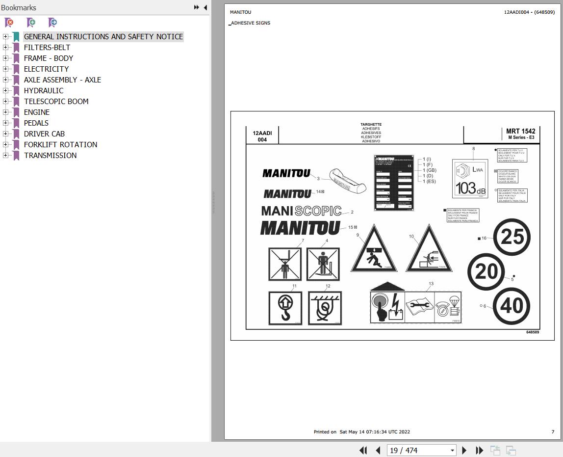 Manitou MRT 1542 TURBO SERIE M 360 MOT 1104D 44T E3 Parts Catalog 648509
