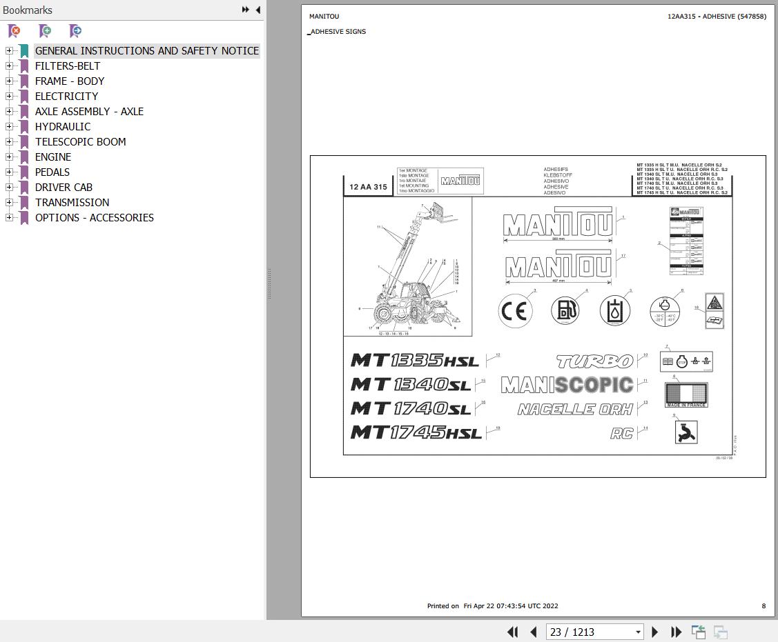 Manitou MT 1335 H SL TURBO MONO ULTRA ORH S2 E2 Parts Catalog 547858