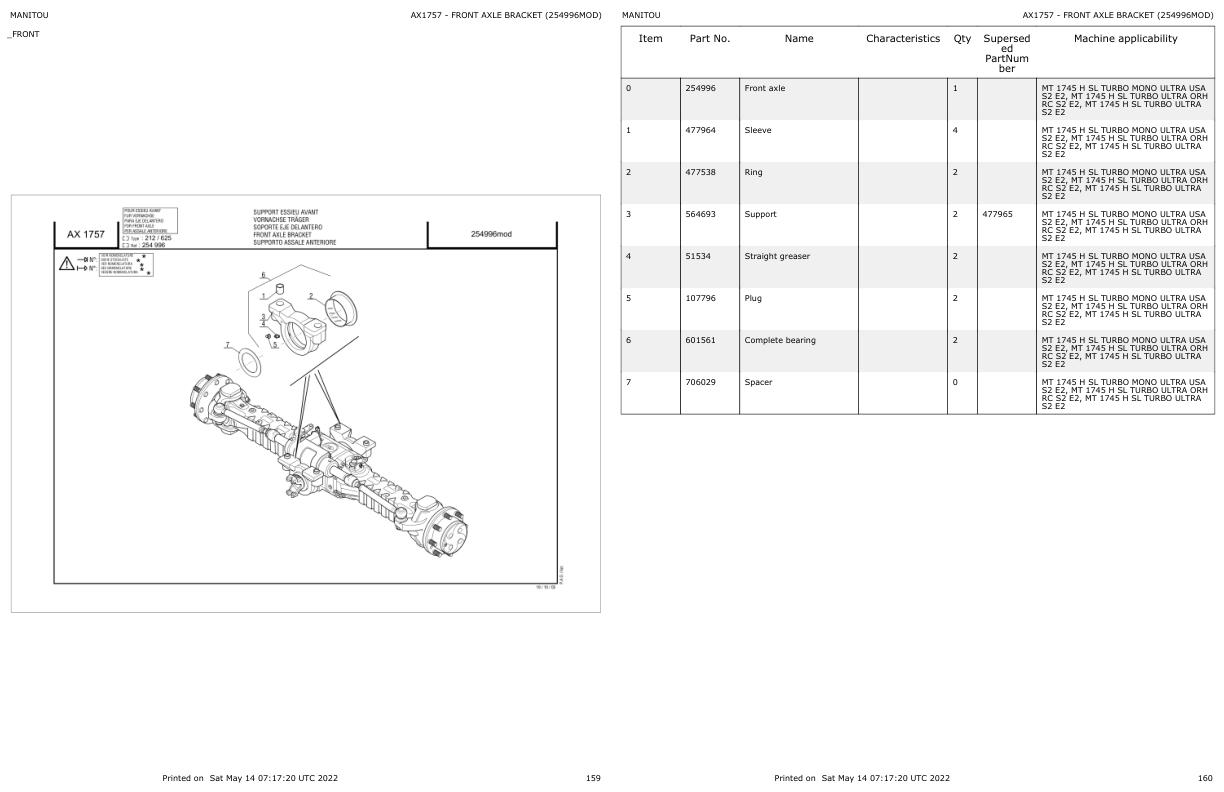 Manitou MT 1745 H SL TURBO MONO ULTRA USA S2 E2 Parts Catalog 547869