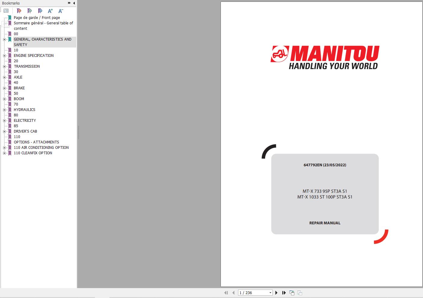 Manitou MT-X 733 95P ST3A S1 MT-X 1033 ST 100P ST3A S1 Repair Manual ...