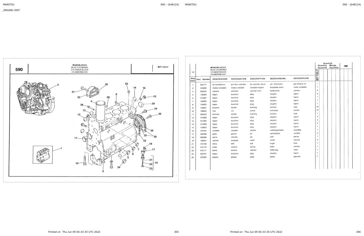 Manitou MVT 1135 L TURBO COMFORT LINE MOT 1004 40T Parts Catalog 648124