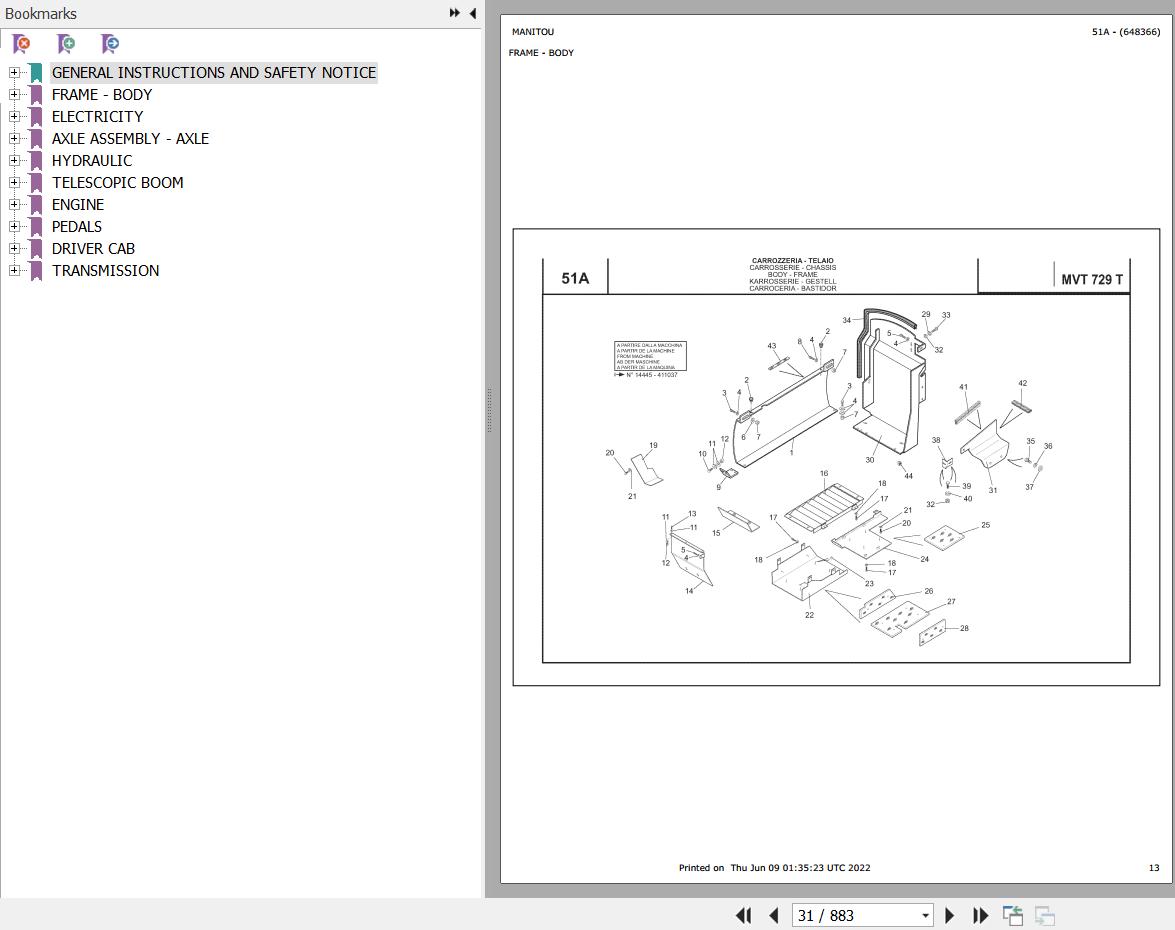 Manitou MVT 729 TURBO CONFORT LINE MOT 1104C 44T E2 Parts Catalog 648366