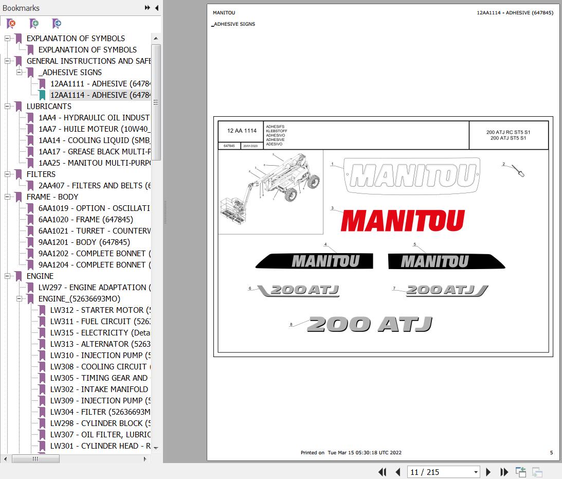 Manitou Platform 200 ATJ RC ST5 S1 Parts Catalog 647845