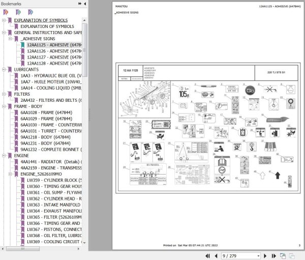 Manitou Platform 220 TJ ST5 S1 220 TJP 4RD ST5 S1 Parts Catalog 647844