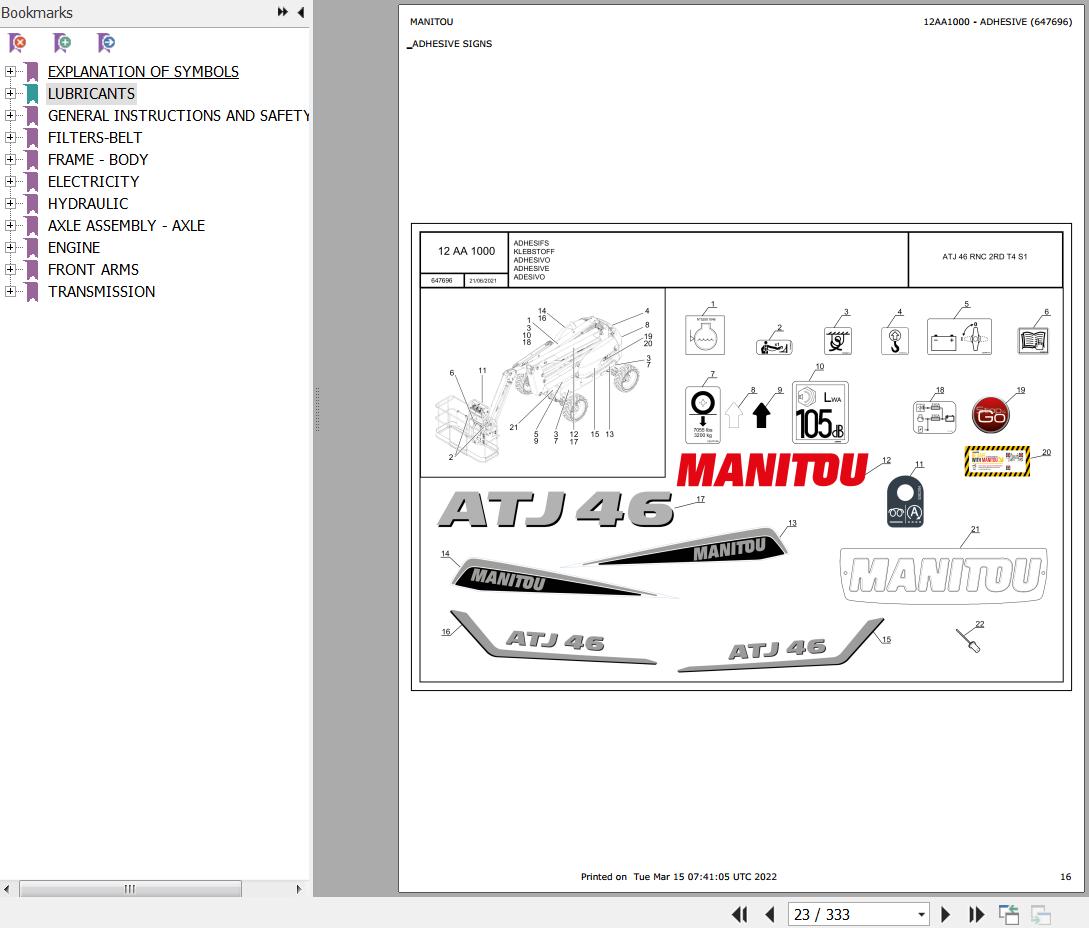 Manitou Platform ATJ 46 RNC 2RD T4 S1 Parts Catalog 647696