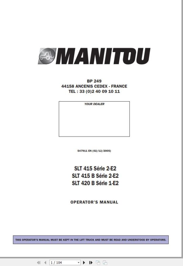 Manitou SLT415 Series 2-E2 to SLT420B Series 1-E2 Operator Manual 547911 EN