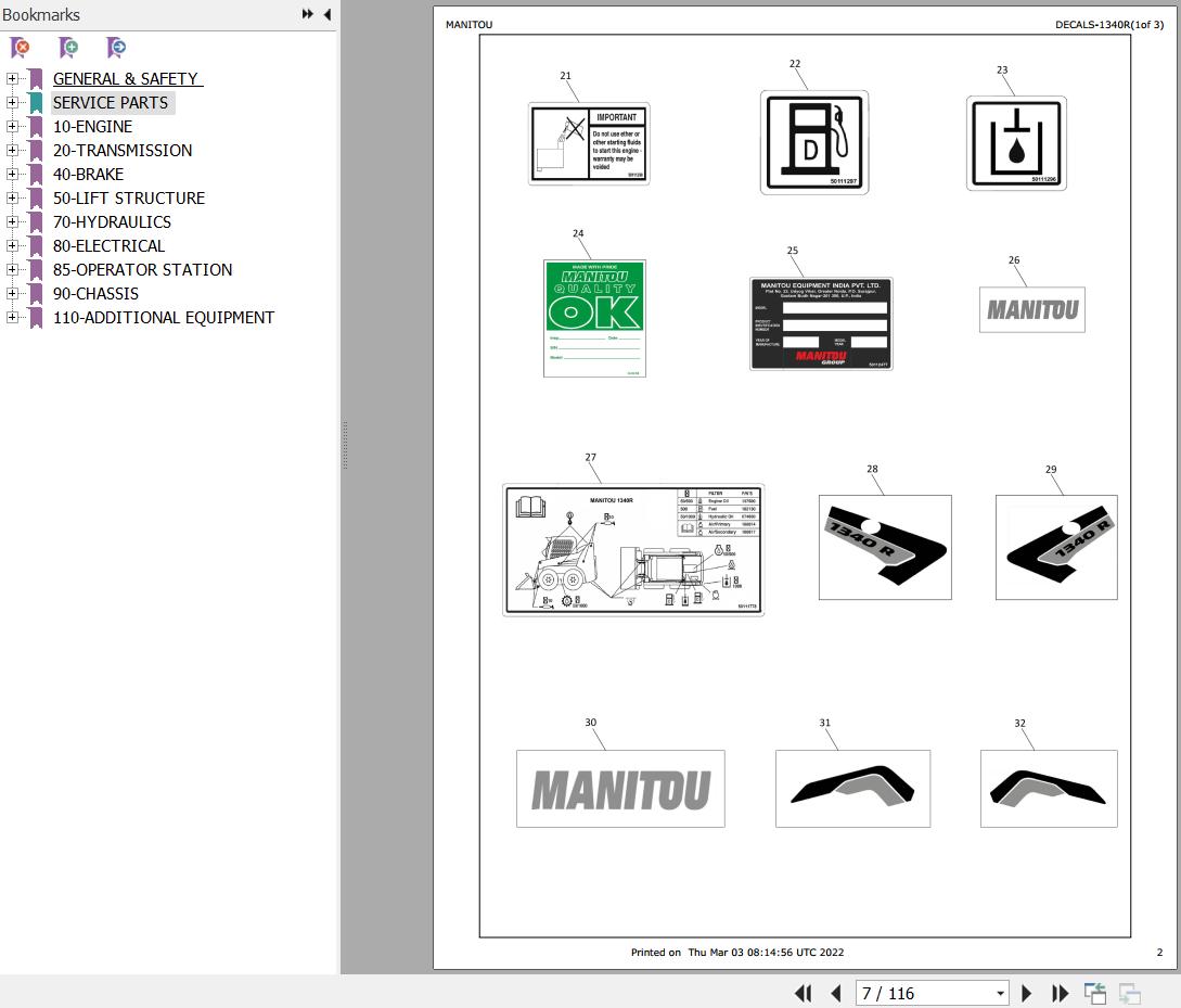 Manitou Skid-Steer Loader 1340R Parts Manual 50111948A