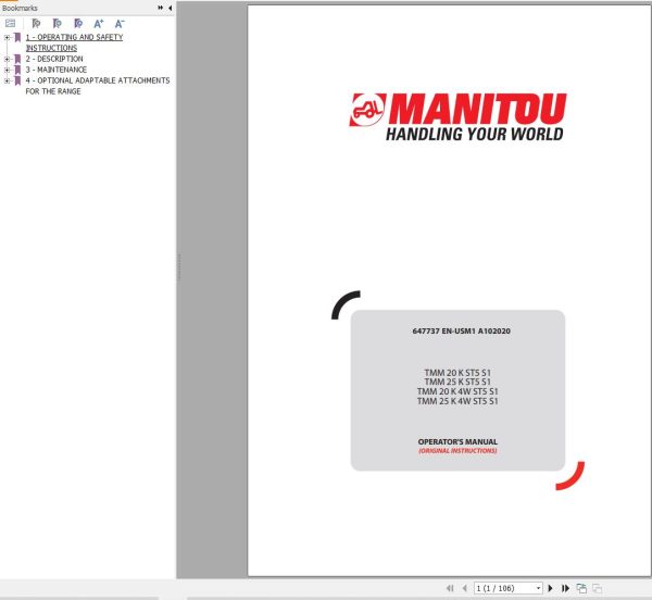 Manitou TMM20KST5S1 To TMM25K4WST5S1 Operator's Manual 647737EN-USM1A102020