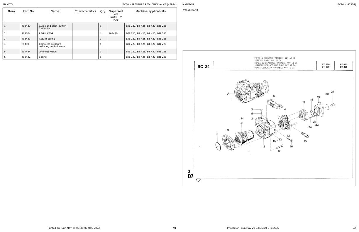 Manitou Telehandler BT420 BT425 Parts Catalog 647954