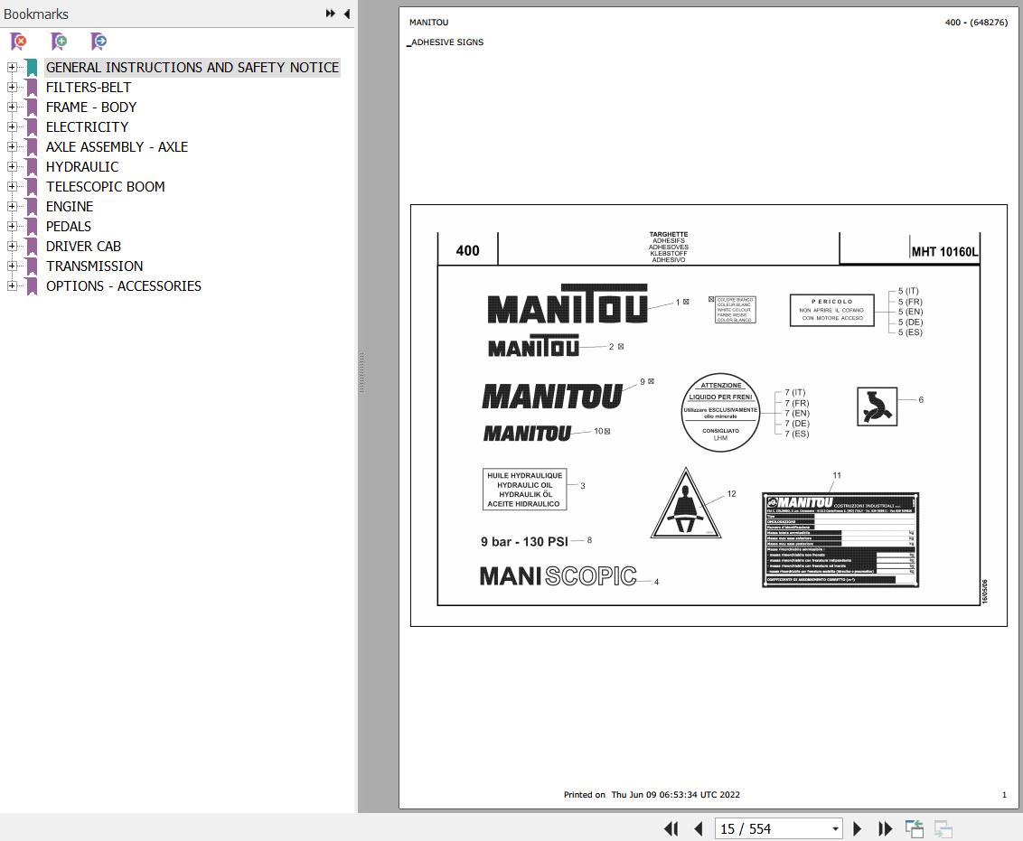 Manitou Telehandler MHT 10160 L TURBO SERIE M E2 Parts Catalog 648276