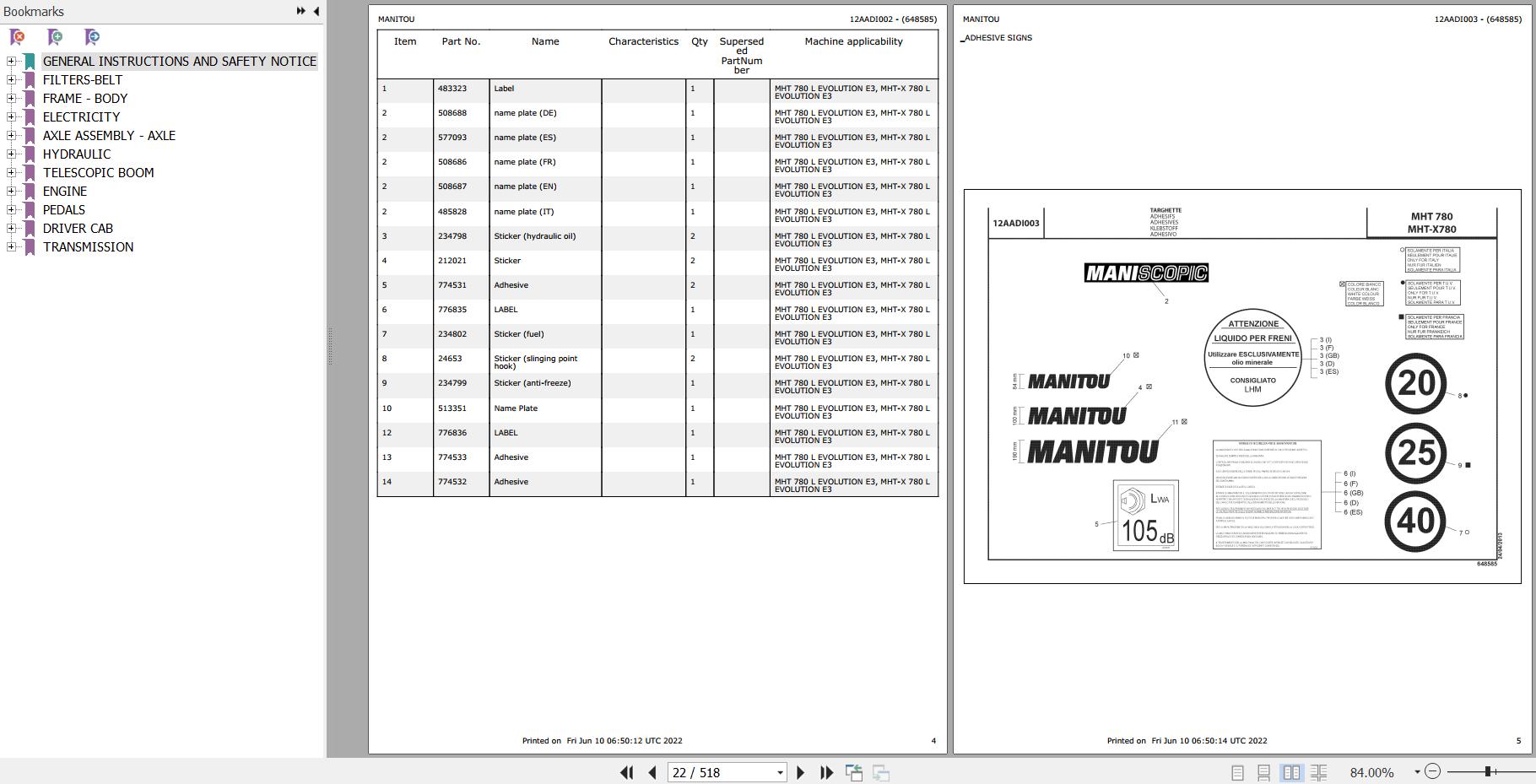 Manitou Telehandler MHT 780 MHT-X 780 L EVOLUTION E3 Parts Catalog 648585