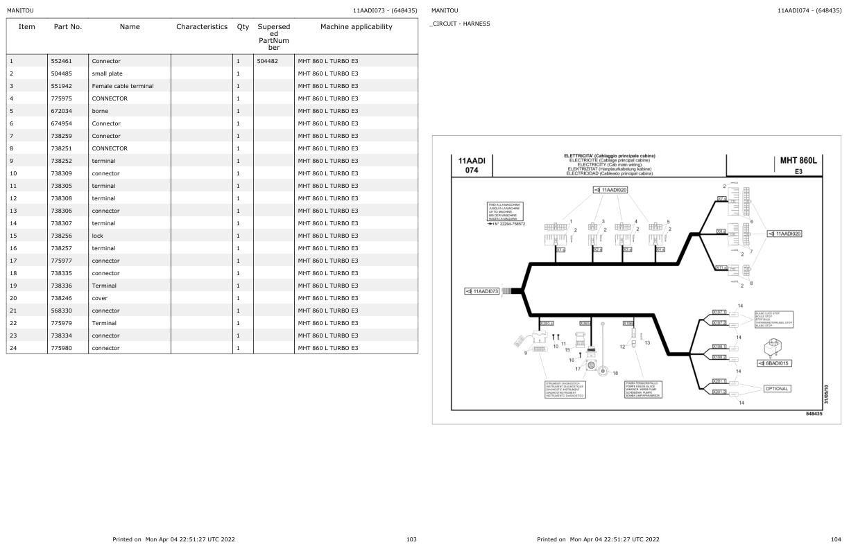 Manitou Telehandler MHT 860 L TURBO E3 Parts Catalog 648435