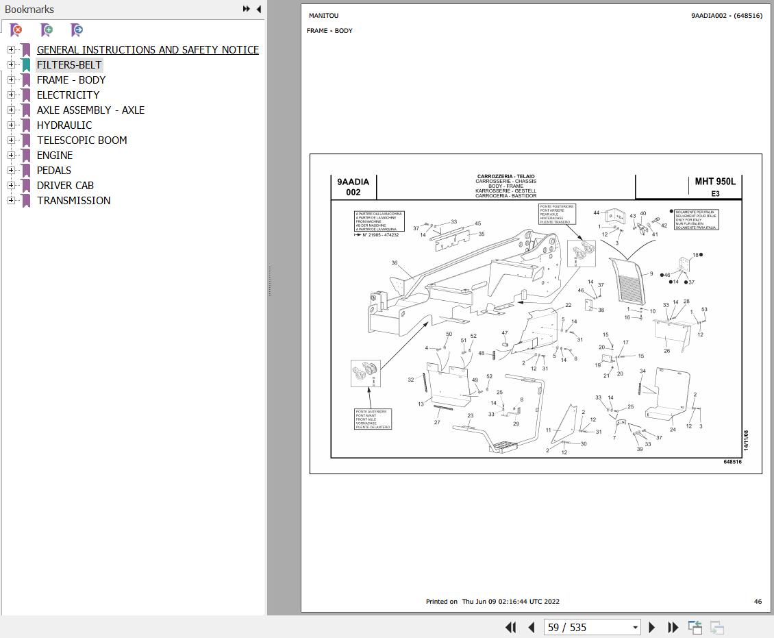 Manitou Telehandler MHT 950 L TURBO E3 Parts Catalog 648516