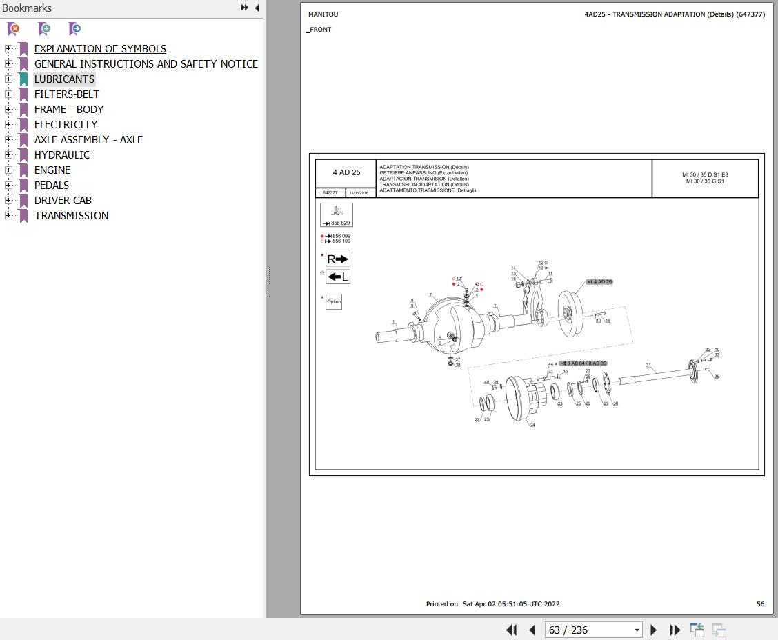 Manitou Telehandler MI 35 D Parts Catalog 647377