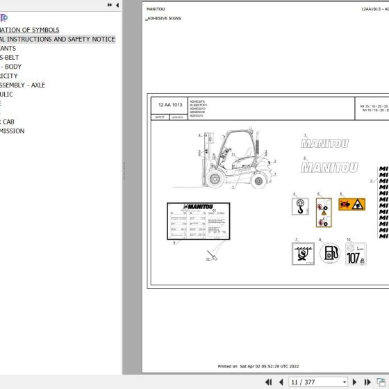 Manitou Telehandler MI 35 D Parts Catalog 647377