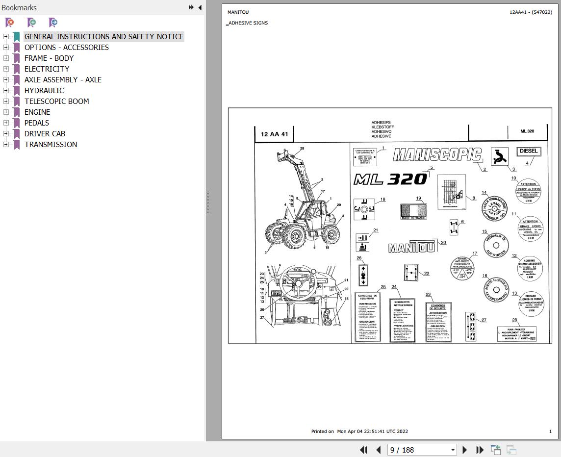 Manitou Telehandler ML 320 Parts Catalog 547022