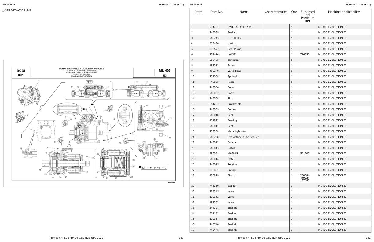 Manitou Telehandler ML 320 Parts Catalog 547022