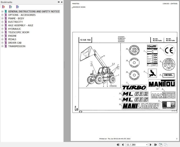 Manitou Telehandler ML 632 Parts Catalog 547520