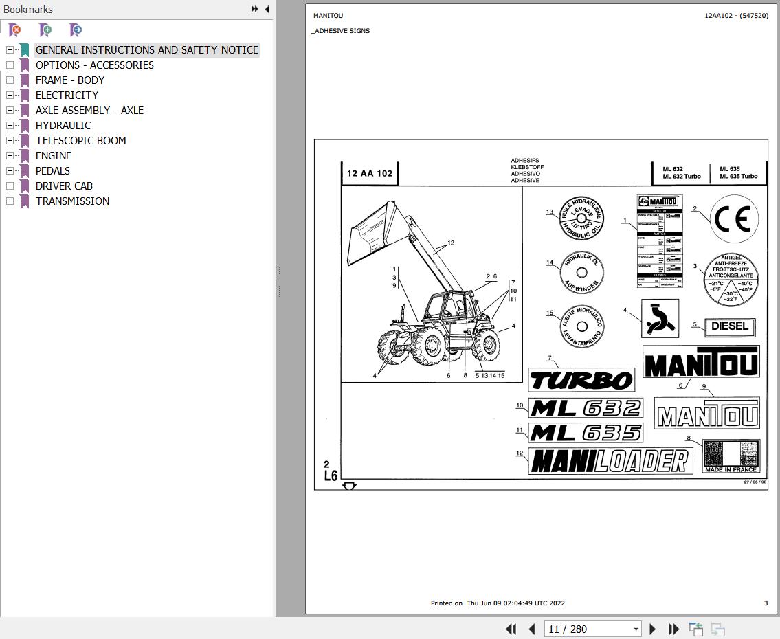 Manitou Telehandler ML 632 Parts Catalog 547520