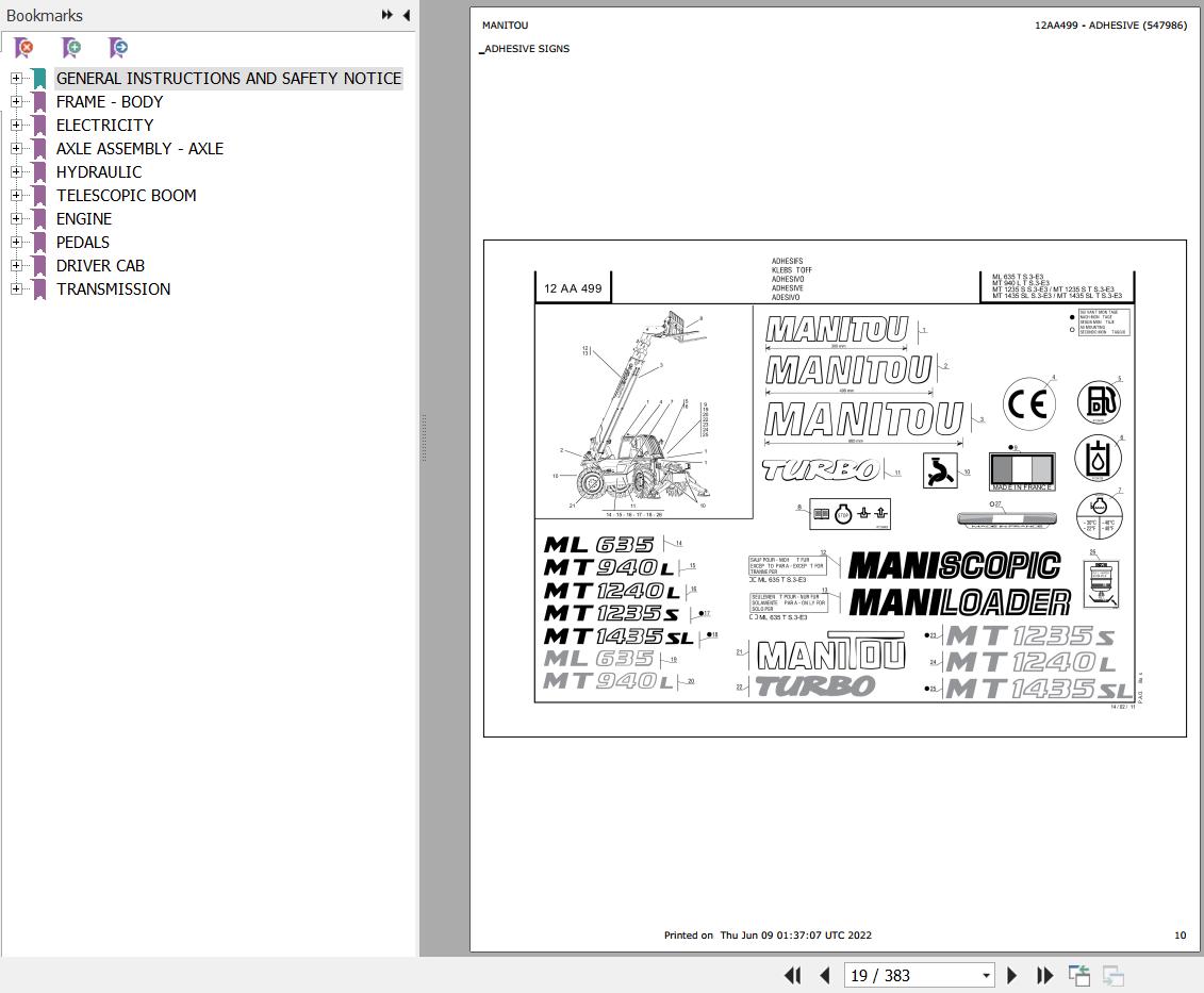 Manitou Telehandler ML 635 TURBO S3 E3 Parts Catalog 547986