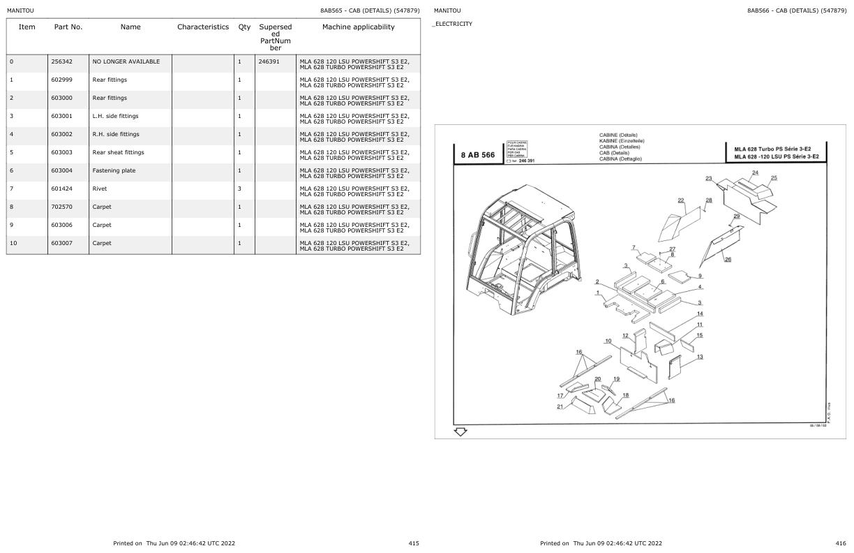 Manitou Telehandler MLA 628 TURBO POWERSHIFT S3 E2 Parts Catalog 547866