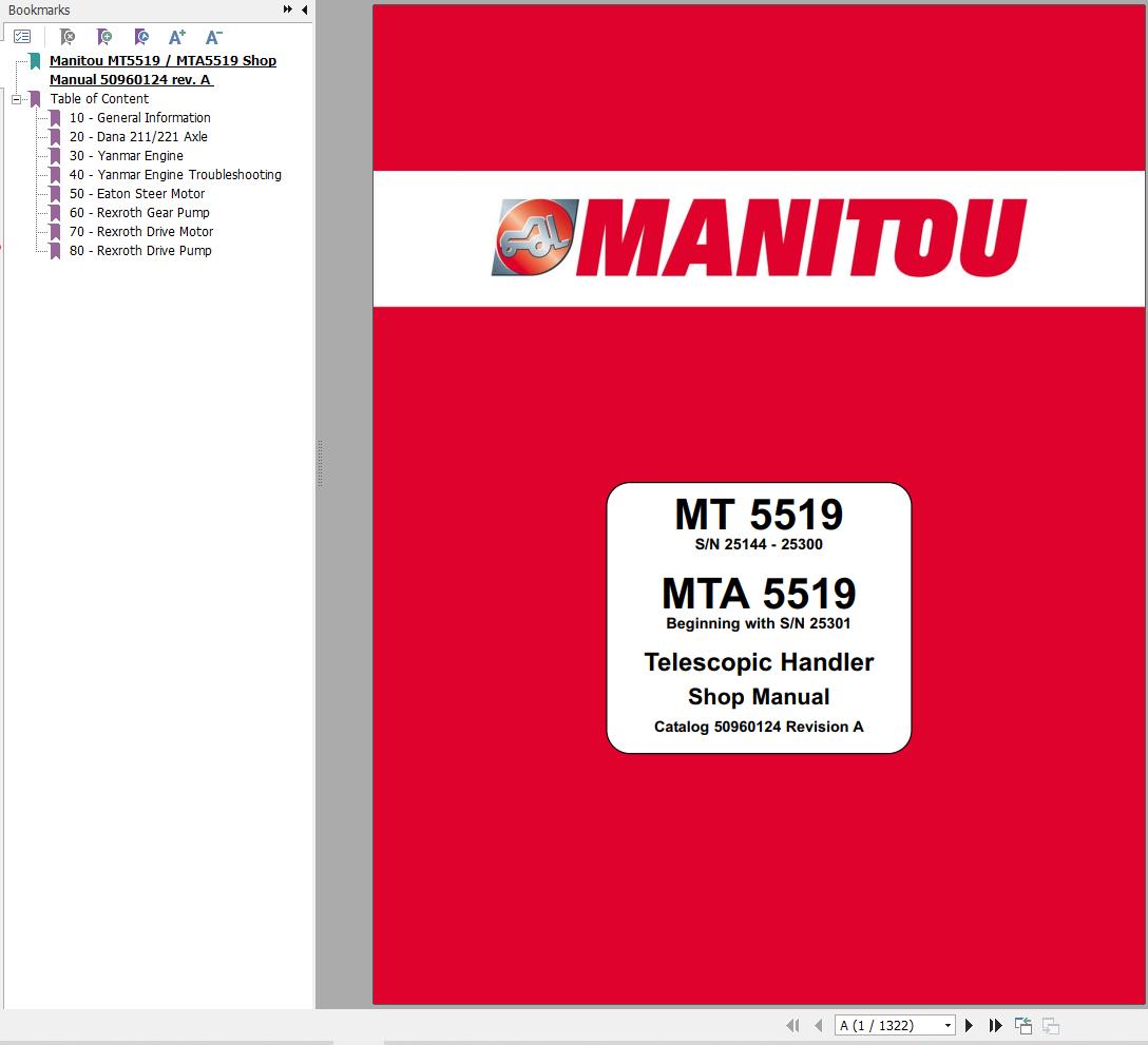 Manitou Telescopic Handler MT5519 MTA5519 Shop Manual 50960124A