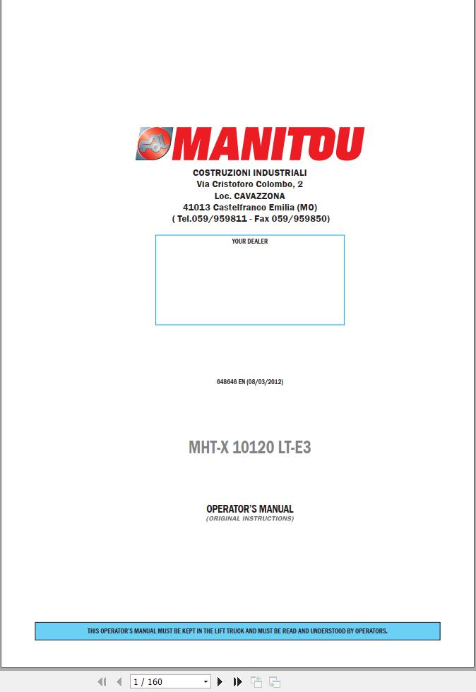 Manitou Telescopic Handlers MHT-X10120LT-E3 Operator Manual