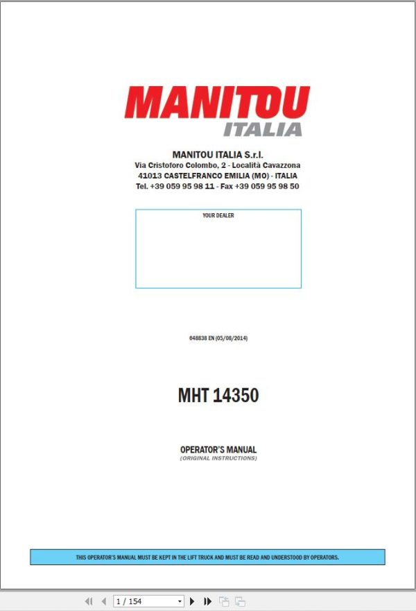 Manitou Telescopic Handlers MHT14350 Operator's Manual 648838 EN