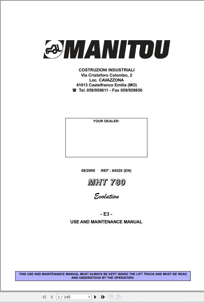 Manitou Telescopic Handlers MHT780 Evolution User Maintenance Manual ...