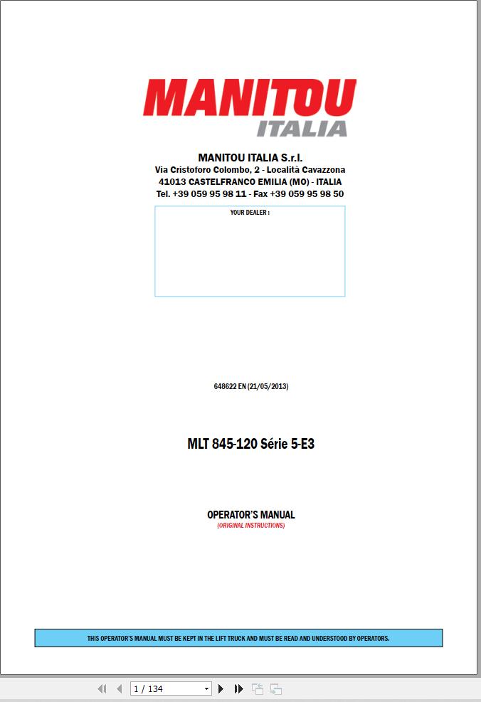 Manitou Telescopic Handlers MLT 845-120 Series 5-E3 Operator Manual 648622
