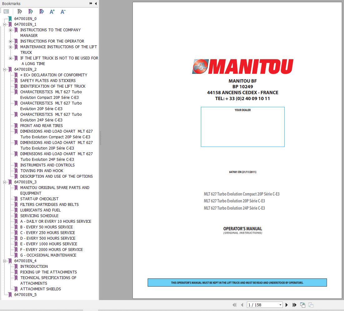 Manitou Telescopic Handlers MLT627 Series Operator Manual 647001