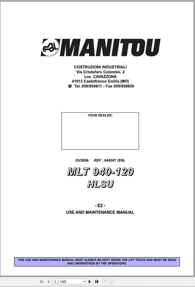 Manitou Telescopic Handlers MLT940-120 HLSU-E2 User & Maintenance ...