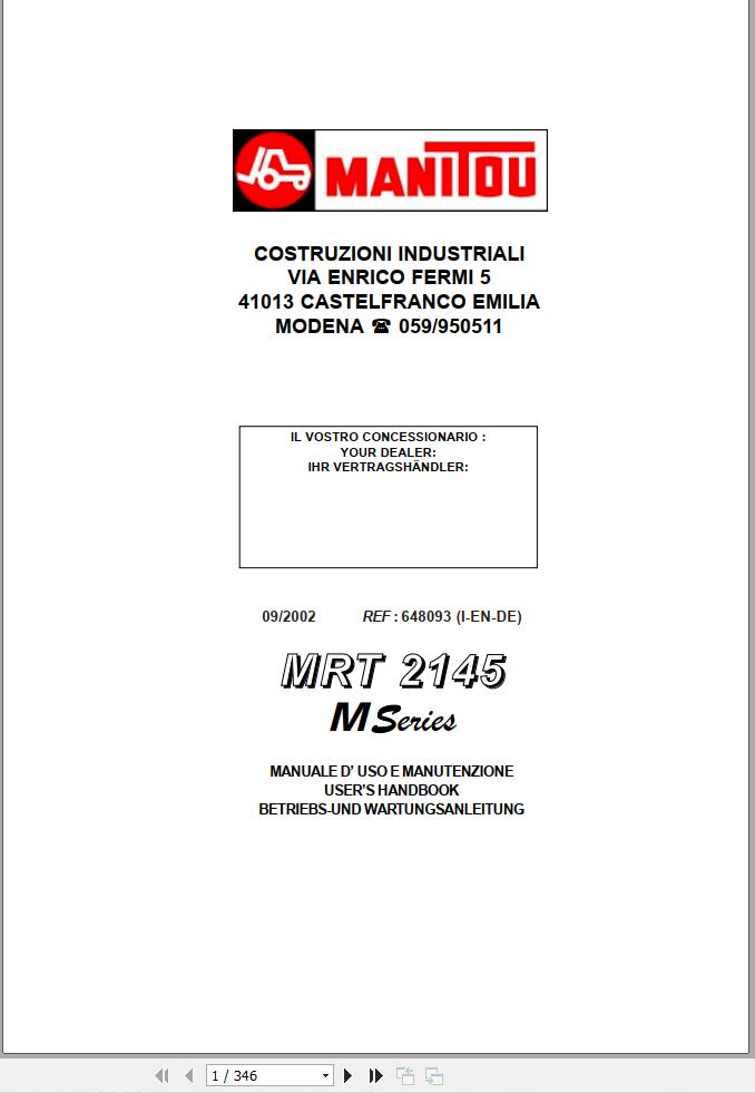 Manitou Telescopic Handlers MRT2145 M Series Operator Manual 648093