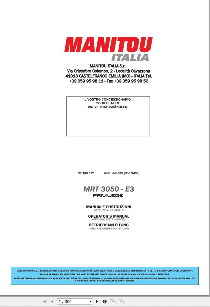 Manitou Telescopic Handlers MRT3050-E3 Privilege Operator's Manual 648385