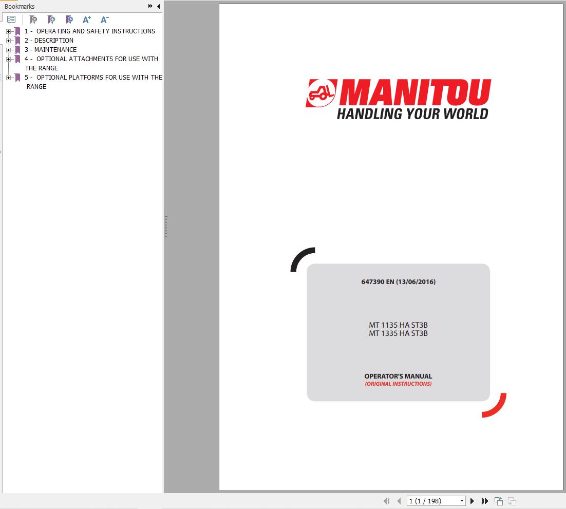 Manitou Telescopic Handlers MT1135HAST3B MT1335HAST3B Operator Manual 647390