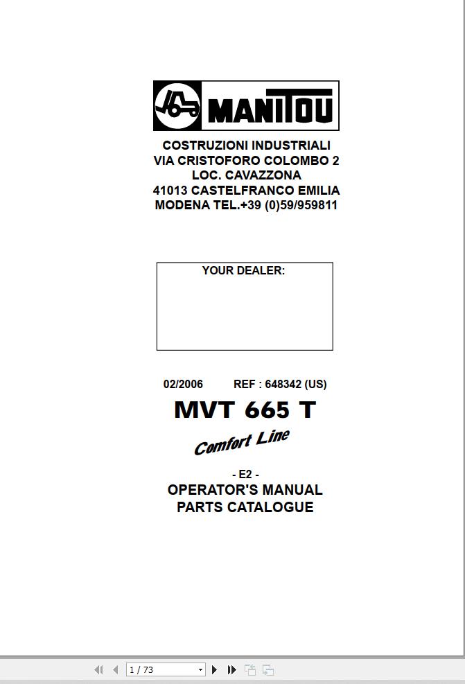 Manitou Telescopic Handlers MVT 665T Operator Parts Manual 648342 EN