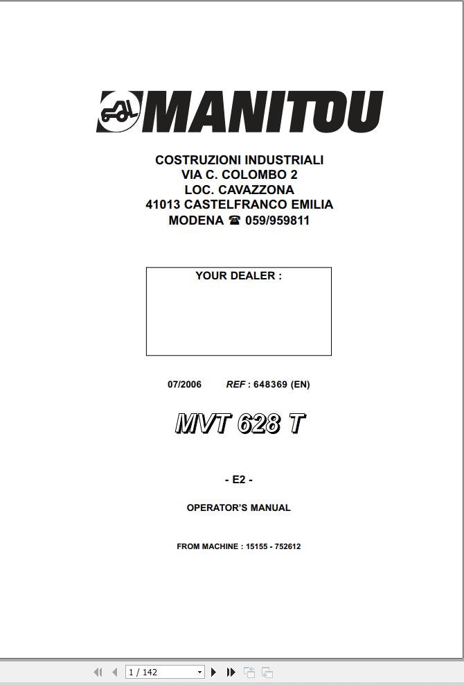 Manitou Telescopic Handlers MVT628T-E2 Operator's Manual 648369 EN