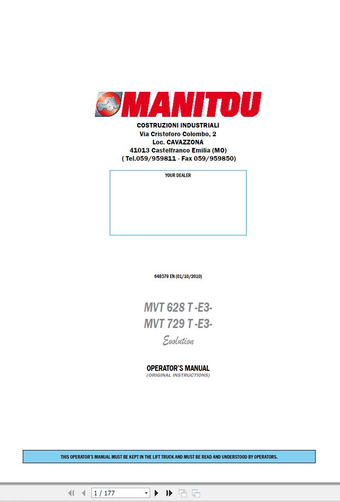 Manitou Telescopic Handlers MVT628T-E3 MVT729T-E3 Operator Manual 648579