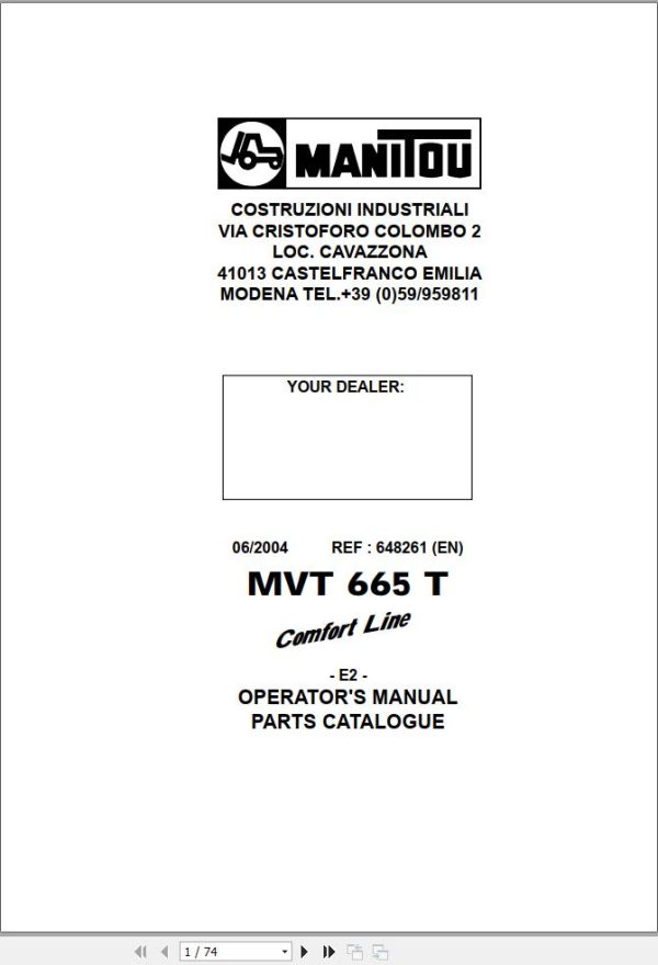 Manitou Telescopic Handlers MVT665T Comfort Line E2 Operator Manual 648261