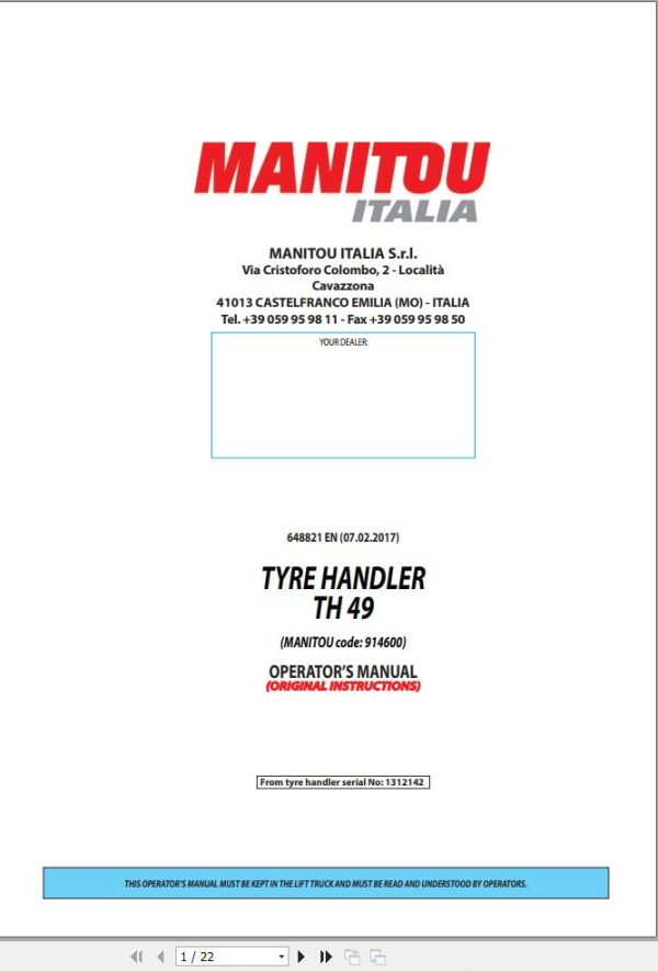 Manitou Type Handler TH49 Operator's Manual 648821 EN
