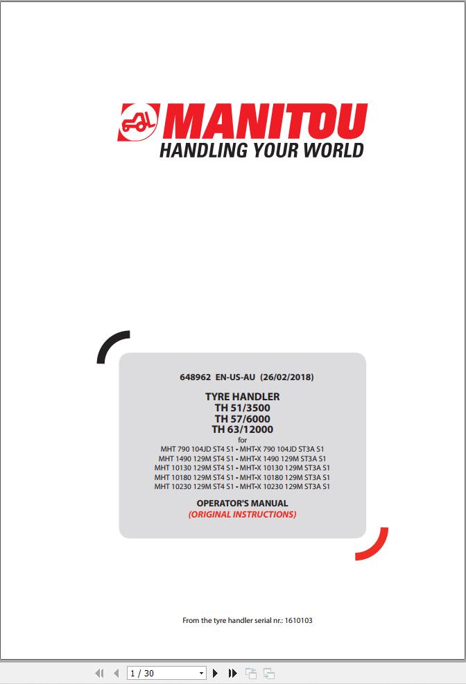 Manitou Type Handler TH51-3500 to TH63-12000 Operator Manual 648962