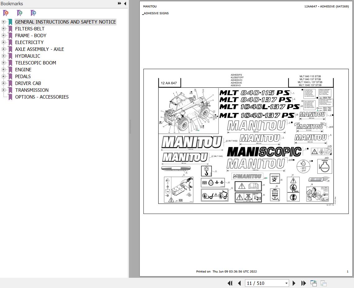 Manitou Telehandler MLT 1040 137 ST3B Parts Catalog 647139